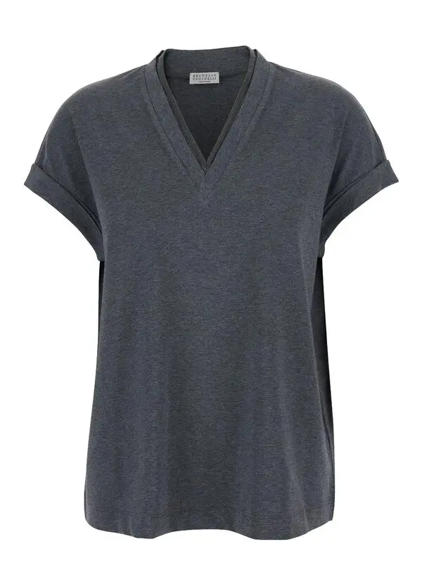 Brunello Cucinelli Cotton V-neck T-shirt With Monile Detail - Gray