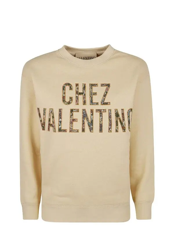 Valentino Garavani Beige Floral Pattern Crew Neck Sweatshirt - Cream