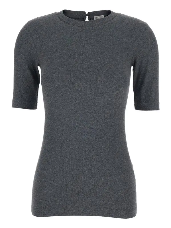 Brunello Cucinelli Ribbed Cotton T-shirt With Three-quarter Sleeves - Gray