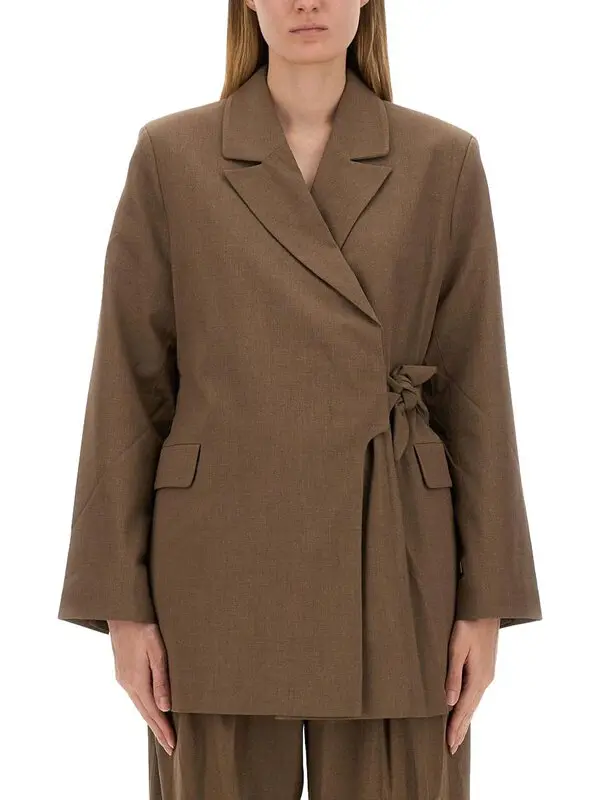 GANNI Asymmetrical Blazer With Tie Detail - Brown
