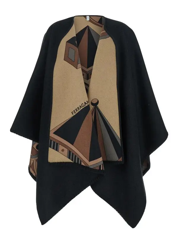 FERRAGAMO Reversible Cashmere Wool Cape With Nadir Print And Logo Lettering - Multicolor