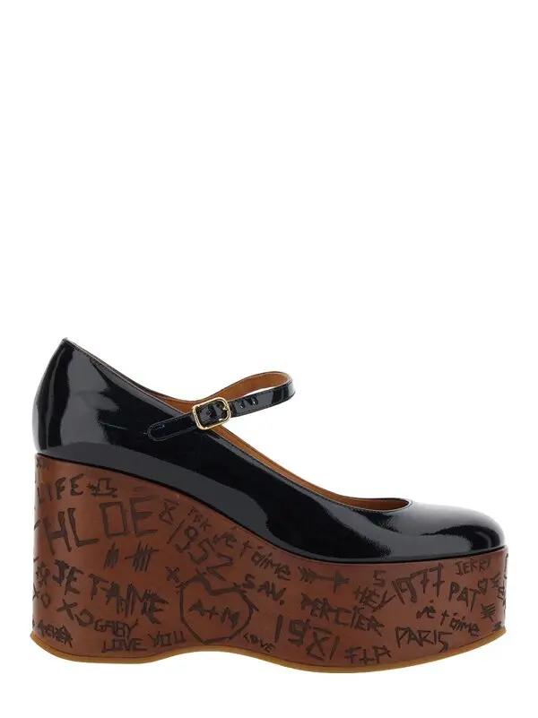 Chloé Black Leather Mary Jane Wedge Heels - Multicolor