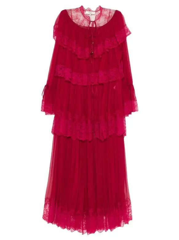 Chloé Lace Tiered Long Sleeve Dress - Pink