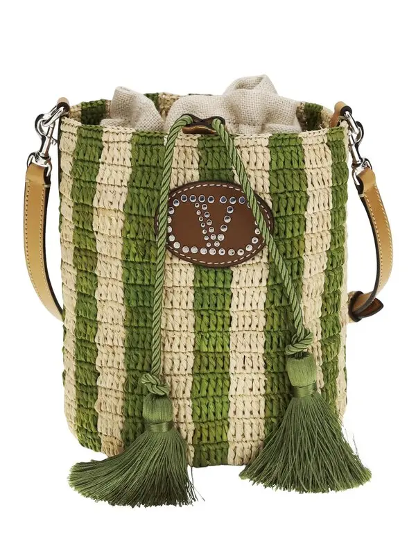 Valentino Garavani Striped Raffia Bucket Bag - Green