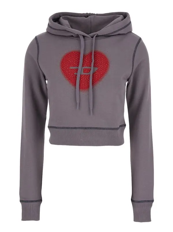 DIESEL® Cropped Hoodie With Rhinestone Heart Detail - Gray