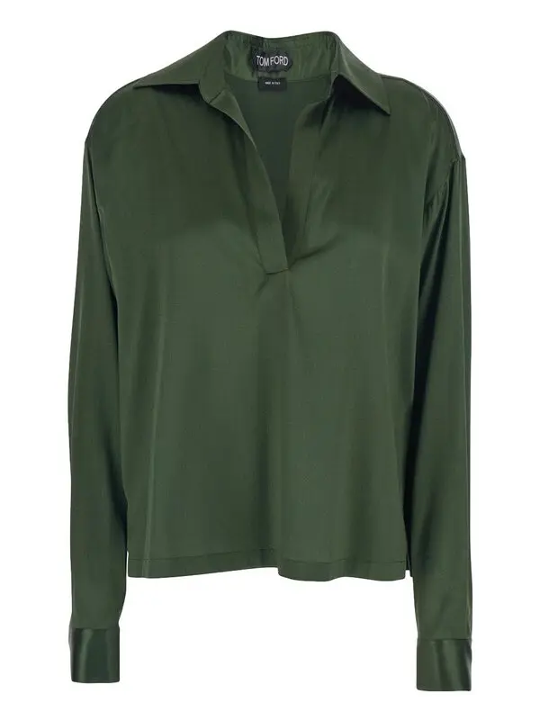 TOM FORD Blouse With Wide Pointed Collar And V-neck In Stretch Silk - Green