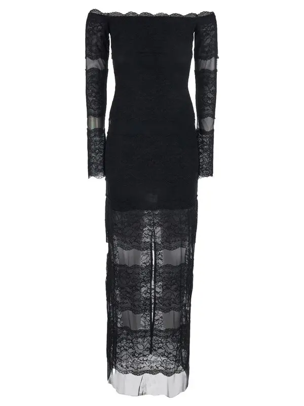 Blumarine Black Embroidered Lace Off-shoulder Dress - Multicolor