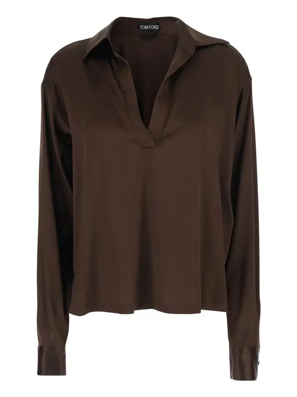 TOM FORD Silk Blouse With Wide Pointed Collar - Brown