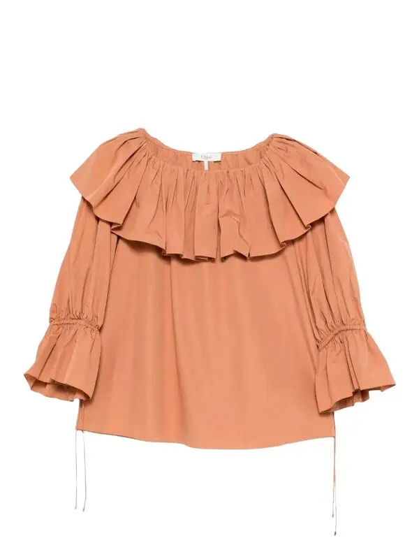 Chloé Ruffled Off-the-shoulder Cotton Top - Brown