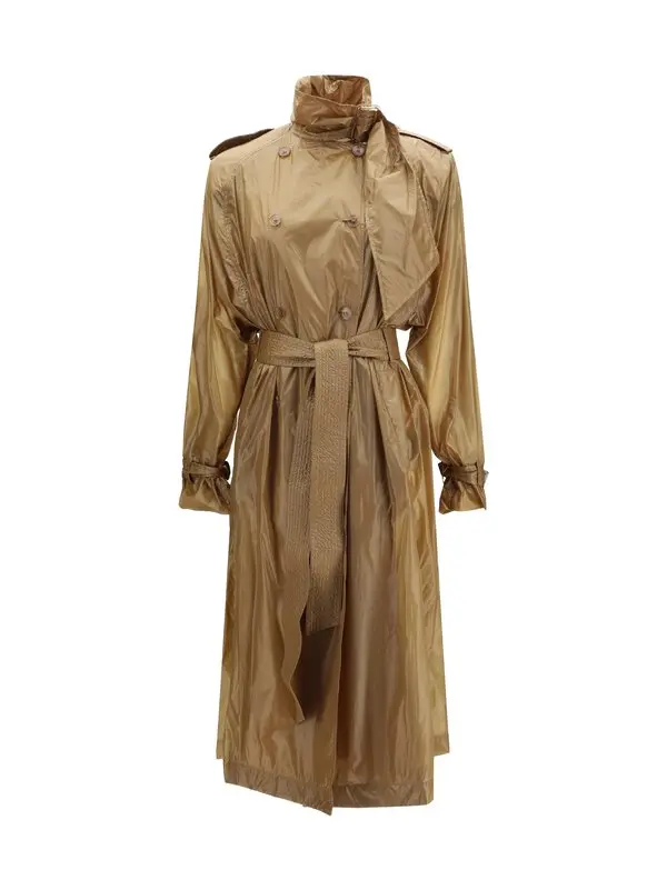 Saint Laurent Translucent Technical Fabric Trench Coat With Lavallière Collar And Belted Waist - Cream