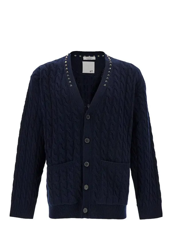 Valentino Garavani Blue Wool Cable-knit Cardigan With Studs - Multicolor