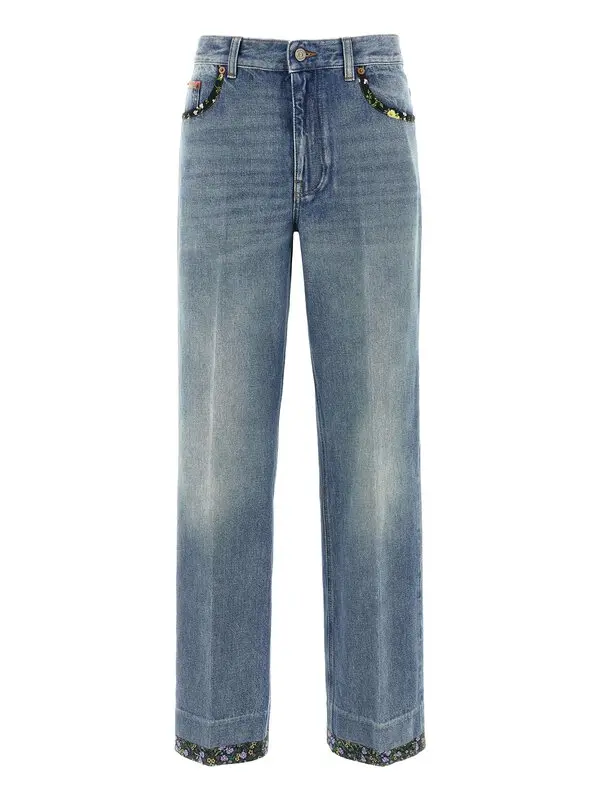 Valentino Garavani Floral Trimmed Denim Jeans - Blue