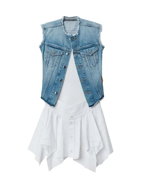 Alexander Wang Combo Layered Dress With Denim Vest - Blue