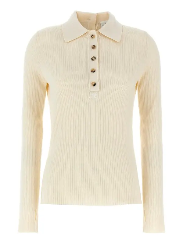 COURREGES Ribbed Cotton And Wool Blend Polo Shirt - White