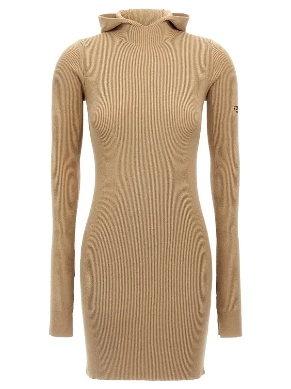 Fendi Ribbed Wool And Silk Hooded Dress - Cream