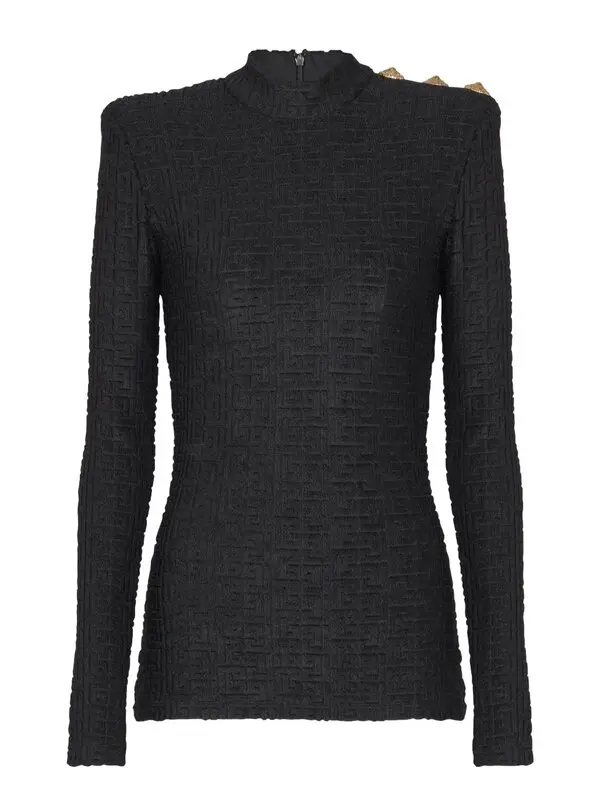 Balmain Monogram High-neck Bouclette Top With Shoulder Buttons - Multicolor