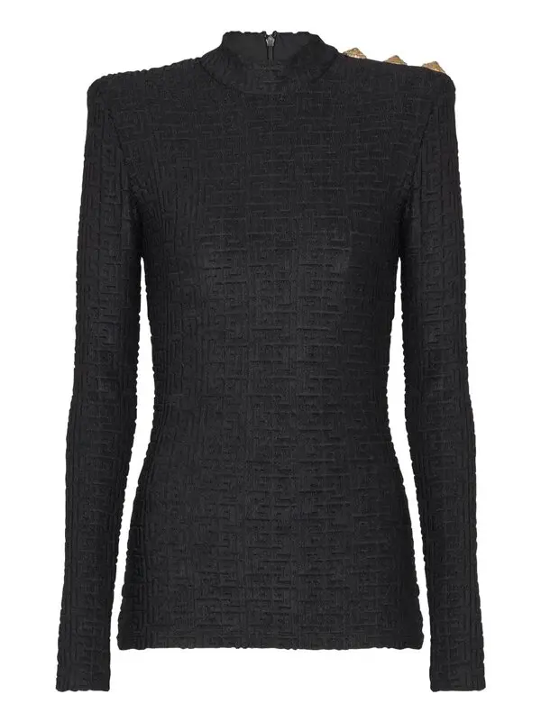Balmain Monogram High-neck Bouclette Top With Shoulder Buttons - Multicolor