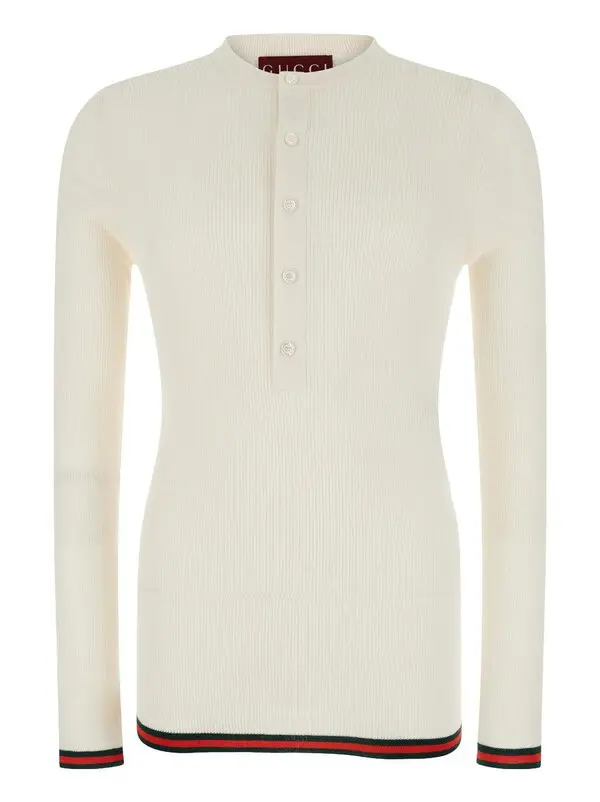 Gucci Ribbed Silk Long Sleeve Top With Web Detail - Multicolor