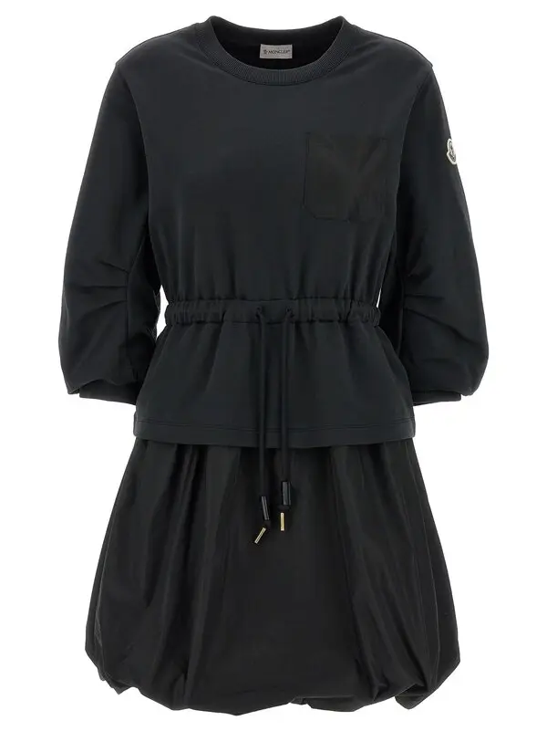 Moncler Two-material Dress With Drawstring Waist And Balloon Skirt - Black