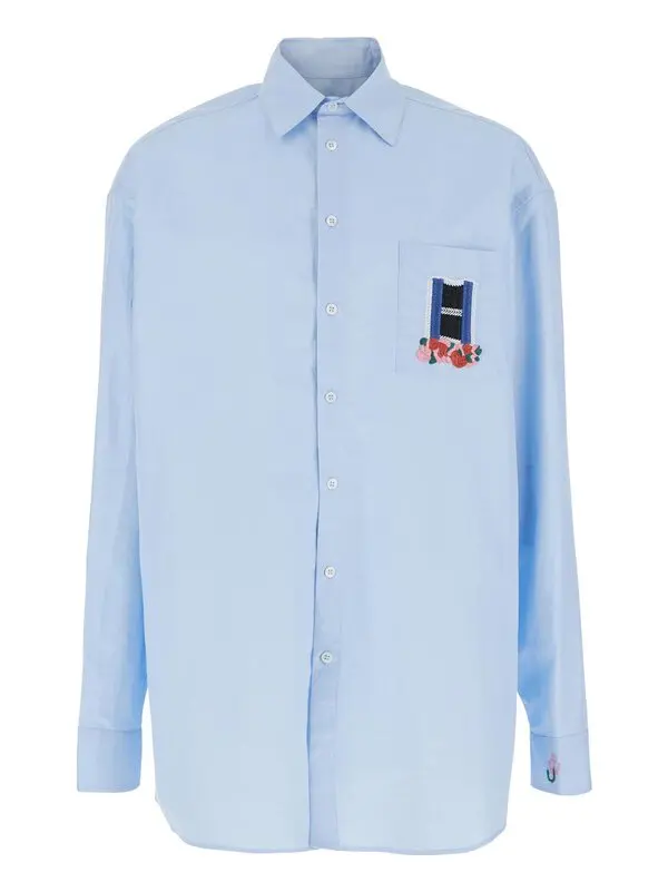 JW Anderson Light Blue Shirt With Classic Collar And Embroidery Detail On Front And Cuff In Linen And Cotton Blend - Multicolor