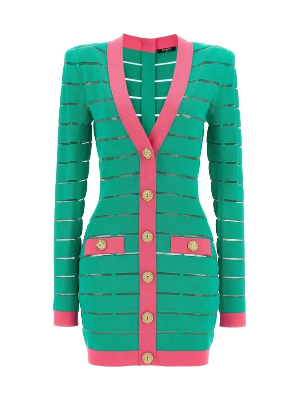 Balmain Two-tone Knit Dress With Mesh Inserts - Green