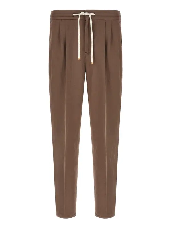 Brunello Cucinelli Linen And Cotton Blend Trousers - Brown