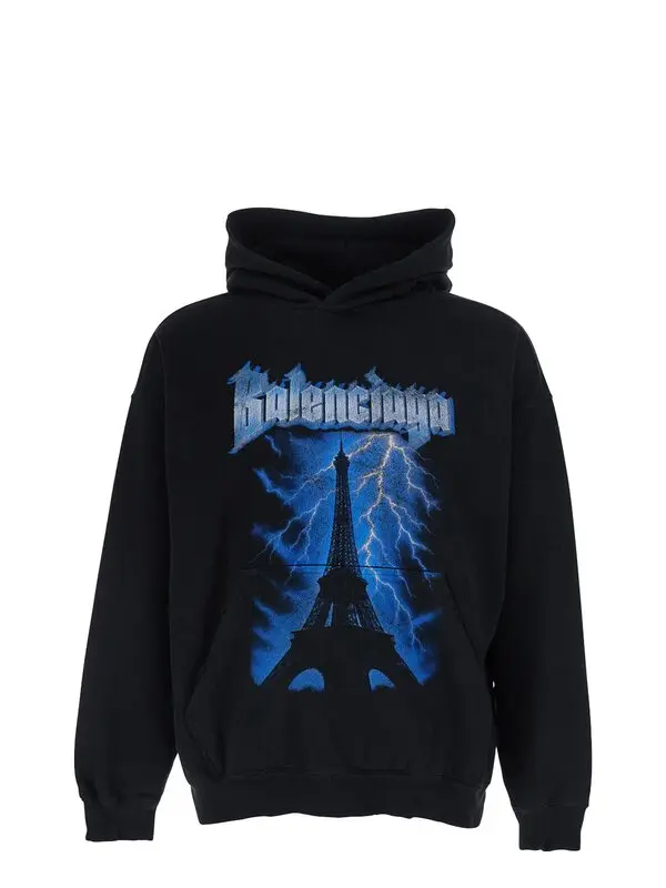 Balenciaga Cotton Hoodie With Maxi Logo Print - Black