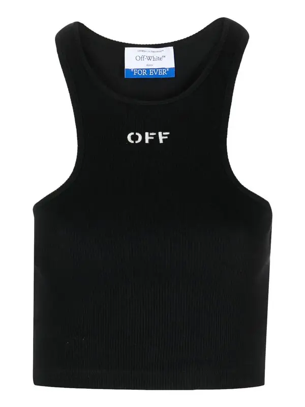 Off-White Cropped Ribbed Top With Logo Detail - Black