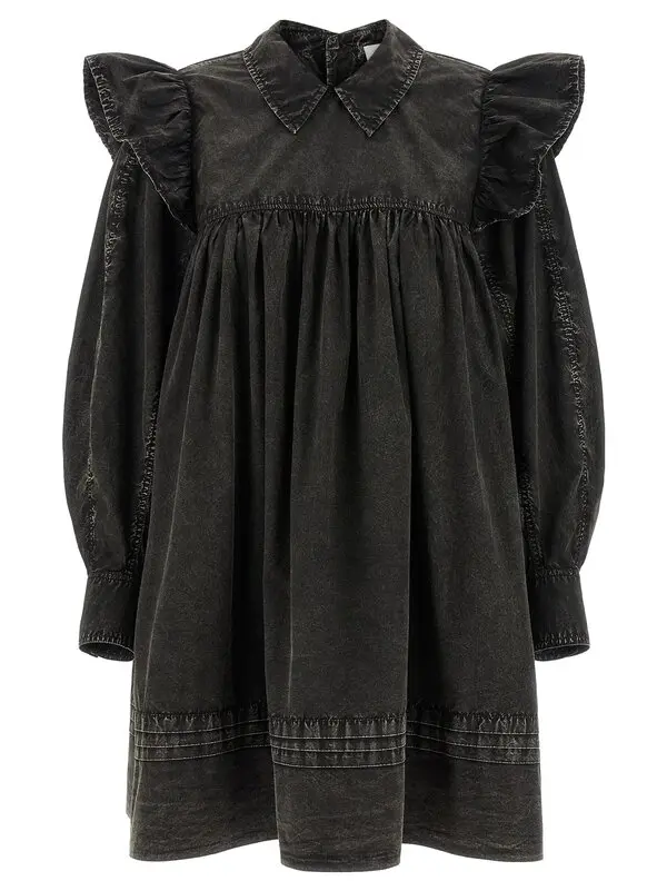 GANNI Washed Cotton Mini Shirt Dress With Ruffles - Black