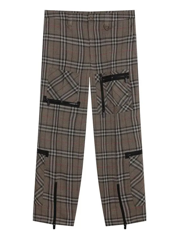 Burberry Cargo Pants In Silk Blend With Check Pattern - Brown