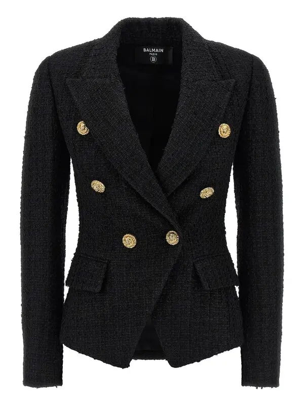 Balmain Double-breasted Tweed Blazer With Metal Button Detail - Black