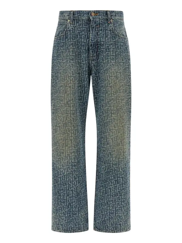 Balmain Monogram Stonewashed Straight Leg Jeans - Blue