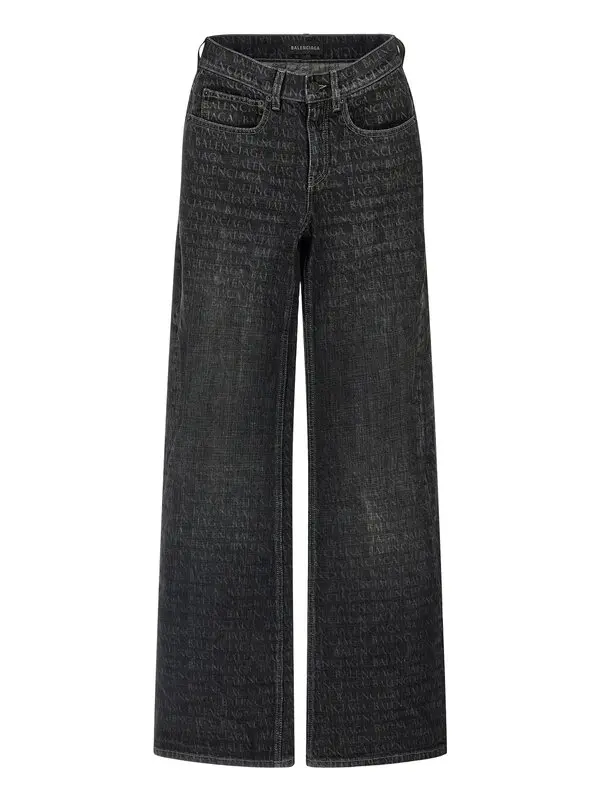 Balenciaga Wide Leg Jeans With Monogram Print - Black