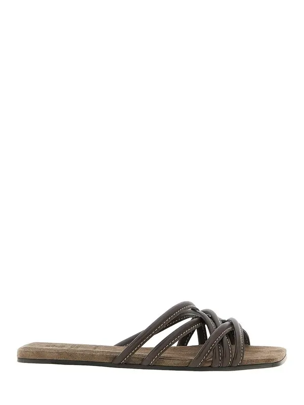 Brunello Cucinelli Leather Slides With Contrast Stitching - Brown