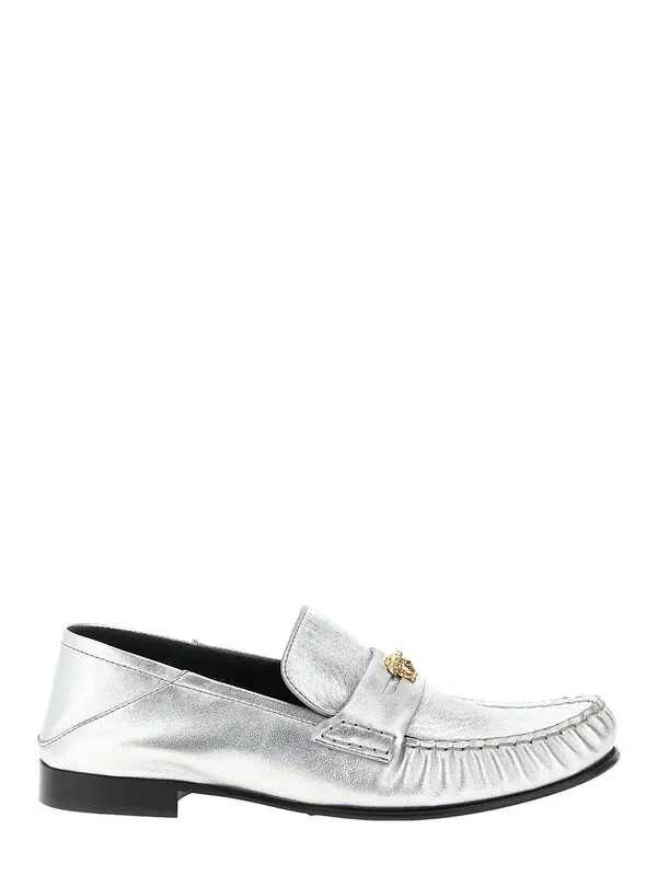 Versace La Medusa Laminated Nappa Leather Loafers - Silver