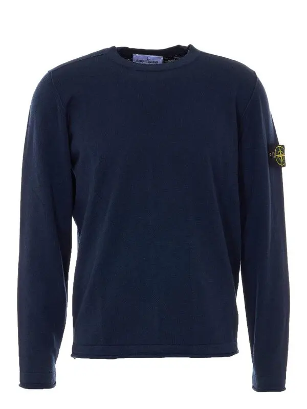 Stone Island Logo Crew Neck Long Sleeve Sweater - Blue