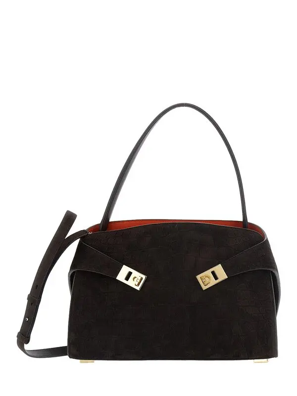 FERRAGAMO Hug Croco Suede Crossbody Bag With Adjustable Strap - Brown