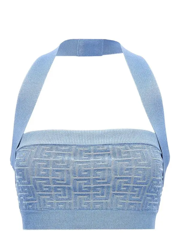 Balmain Shiny Knit Crop Top With Labyrinth Pb Monogram - Blue