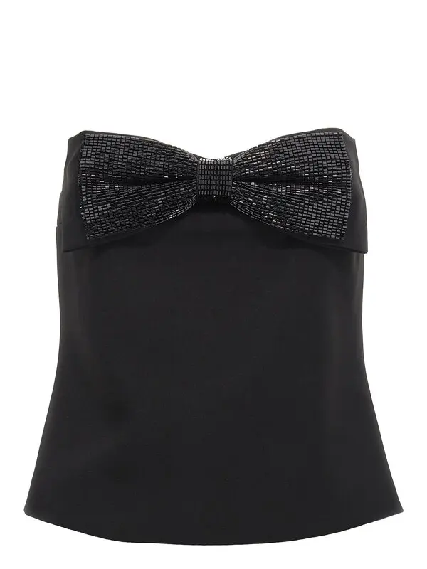 SELF-PORTRAIT Crepe Bandeau Top With Embellished Bow Detail - Black