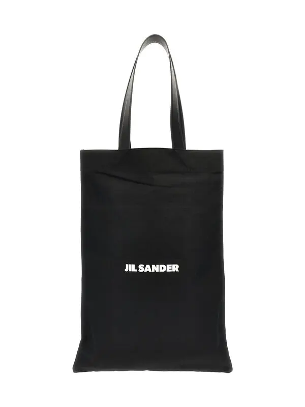 JIL SANDER Large Canvas Shopping Bag With Leather Handles And Logo Print - Black