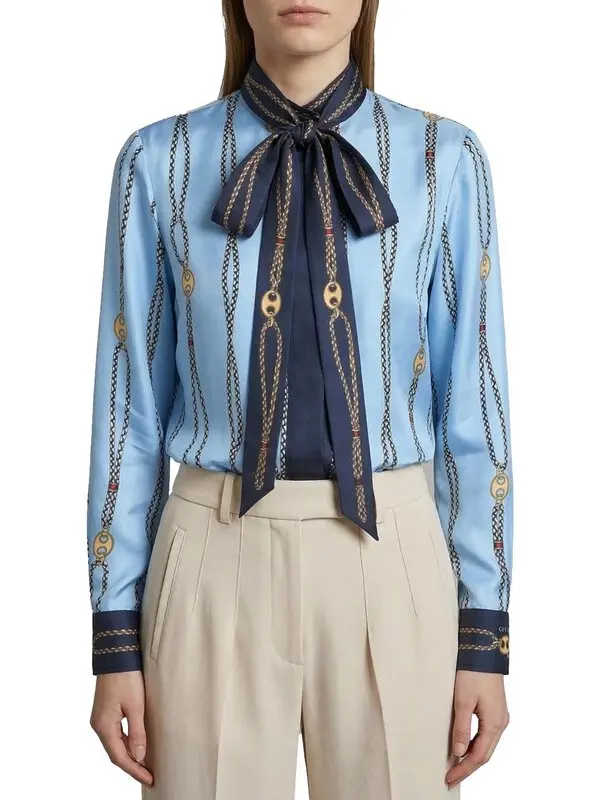 Gucci Chain Print Silk Shirt With Tie Neck - Blue