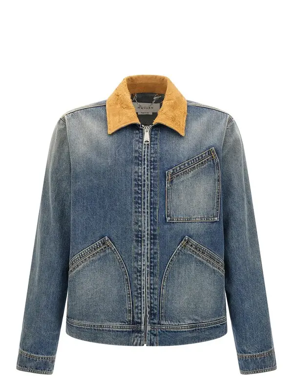 Alexander McQueen Stonewashed Suede Collar Denim Jacket - Blue