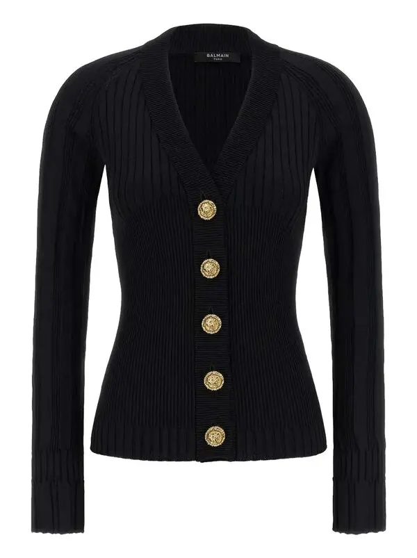 Balmain Ribbed Knit V-neck Buttoned Cardigan - Black