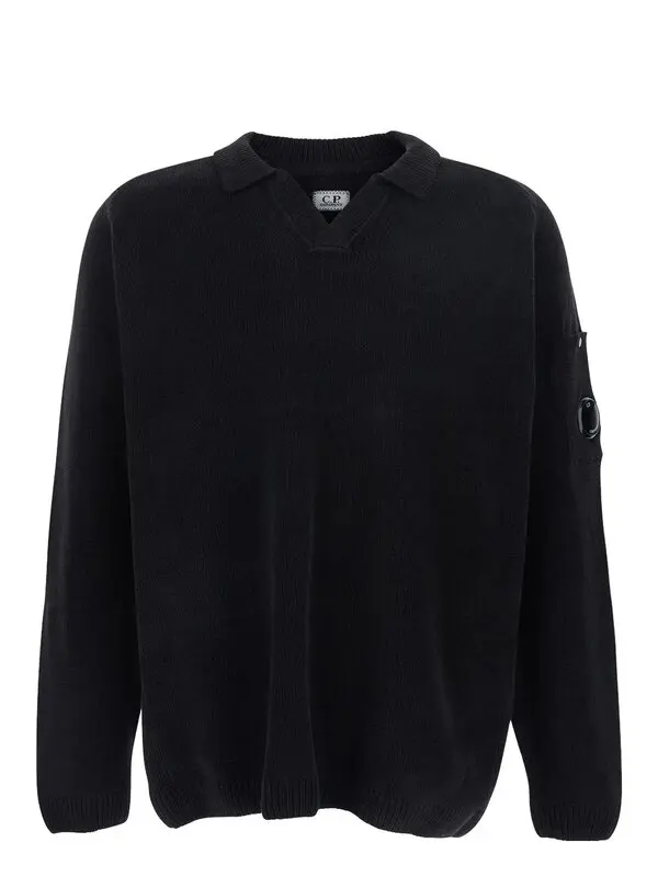 C.P. COMPANY Black Cotton Polo Collar Sweater With Google Plaque - Multicolor