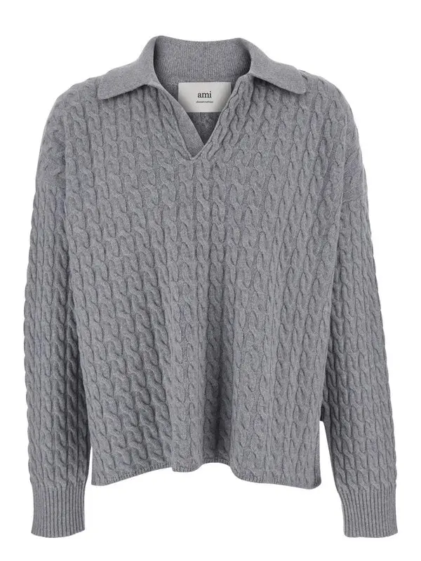 Ami Grey Polo Shirt With Woven Design In Wool - Multicolor