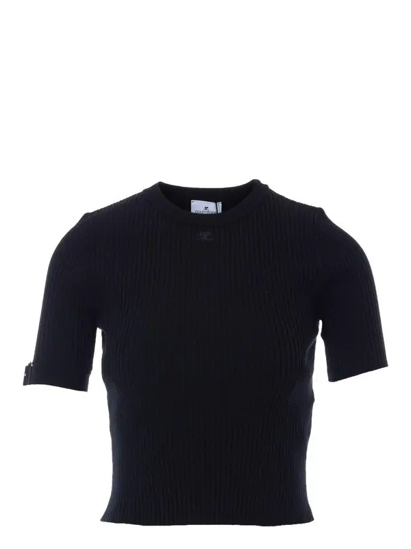 COURREGES Ribbed Crew Neck Short Sleeve T-shirt - Black