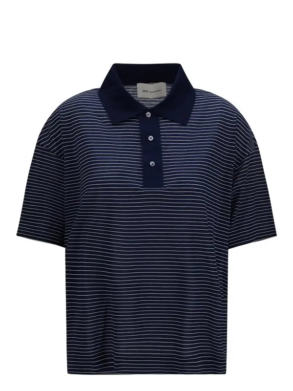Ami Cotton Striped De Coeur Polo - Blue