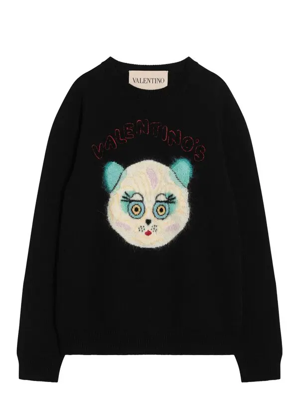 Valentino Garavani Crew Neck Sweater With Le Chat De La Maison Patch - Black