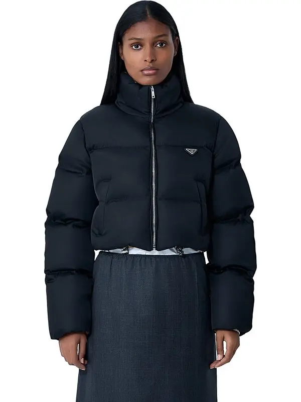 Prada Short Re-nylon Down Jacket With Logo Motif - Black