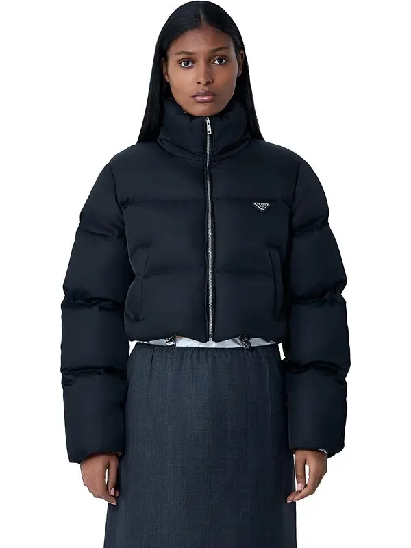 Prada Short Re-nylon Down Jacket With Logo Motif - Black